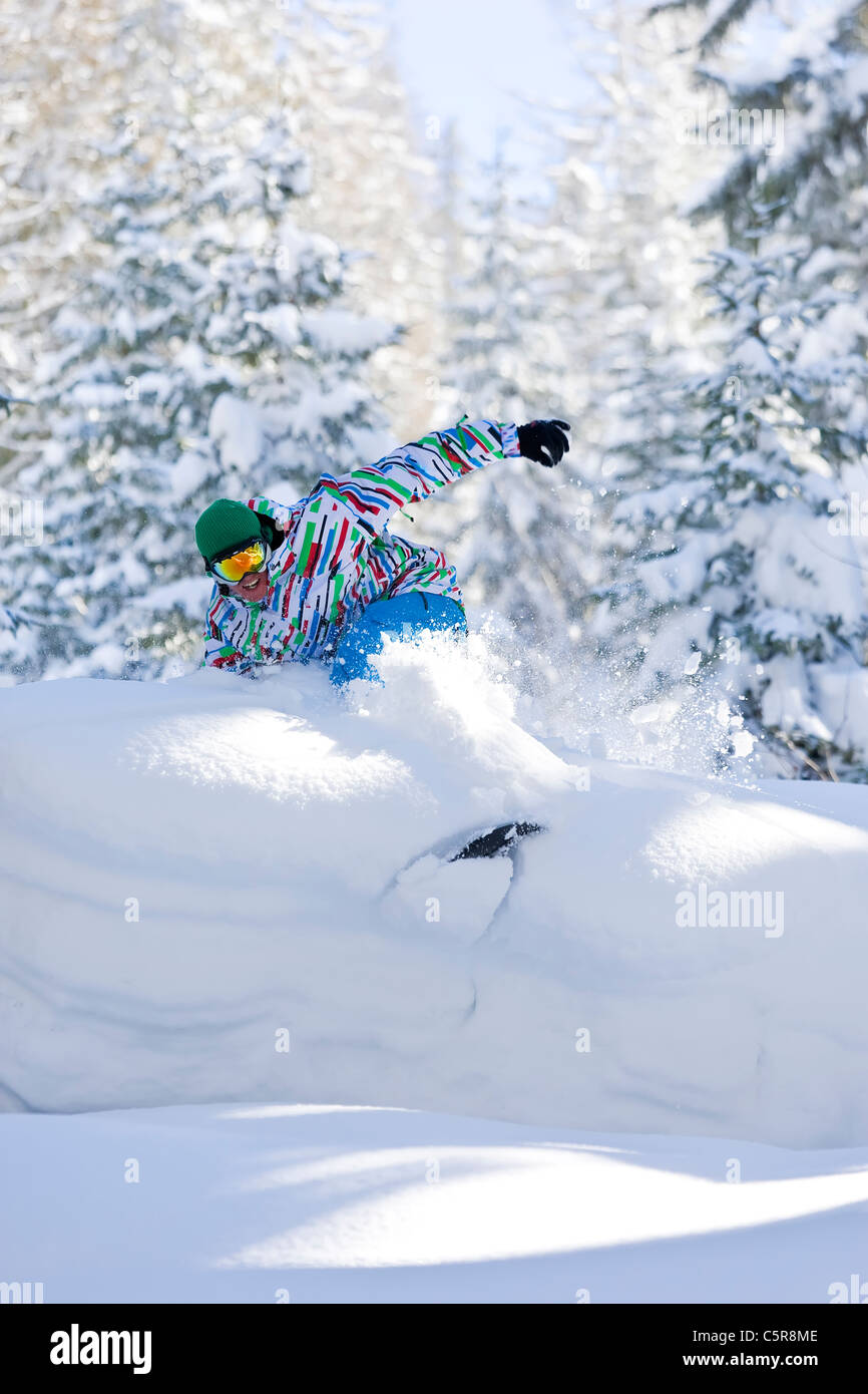 A snowboarder rides deep fresh powder snow through a forest Stock Photo ...