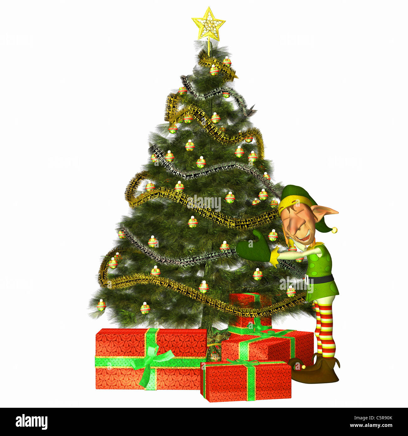 Christmas Elf next to tree and presents isolated on a white background ...
