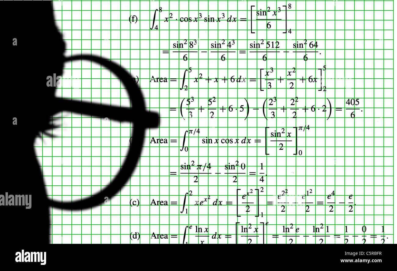 computer generated female head silhouetted against grid of equation ...