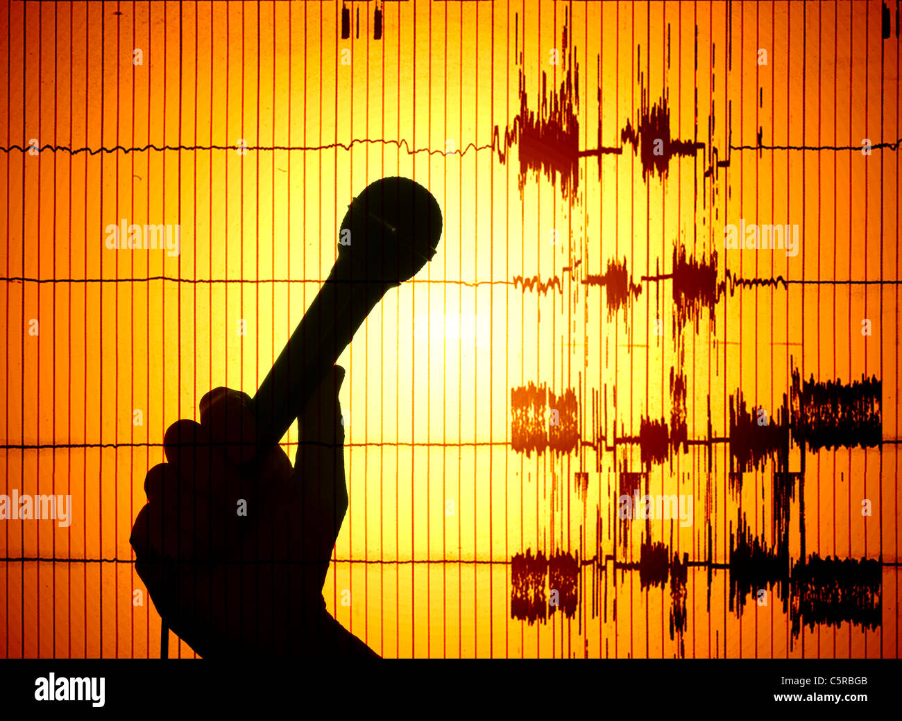 computer generated hand and microphone silhouetted against audio ...