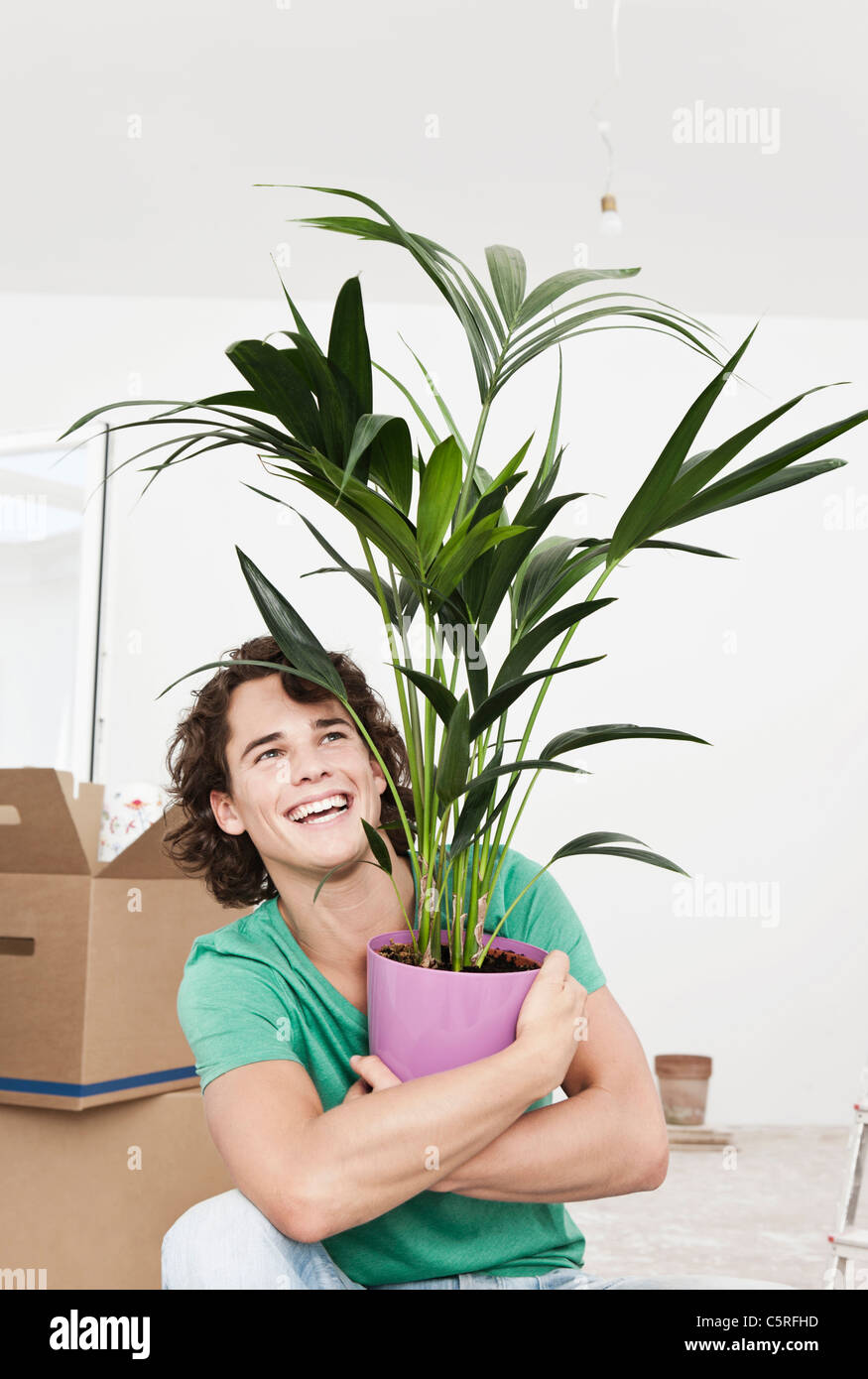 Germany, Cologne, Young man holding pot plant at renovating apartment ...