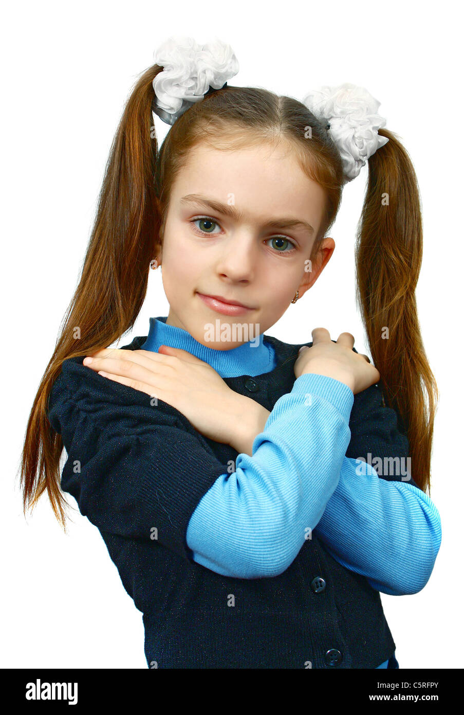 girl with hands on shoulders isolated on white background Stock Photo ...