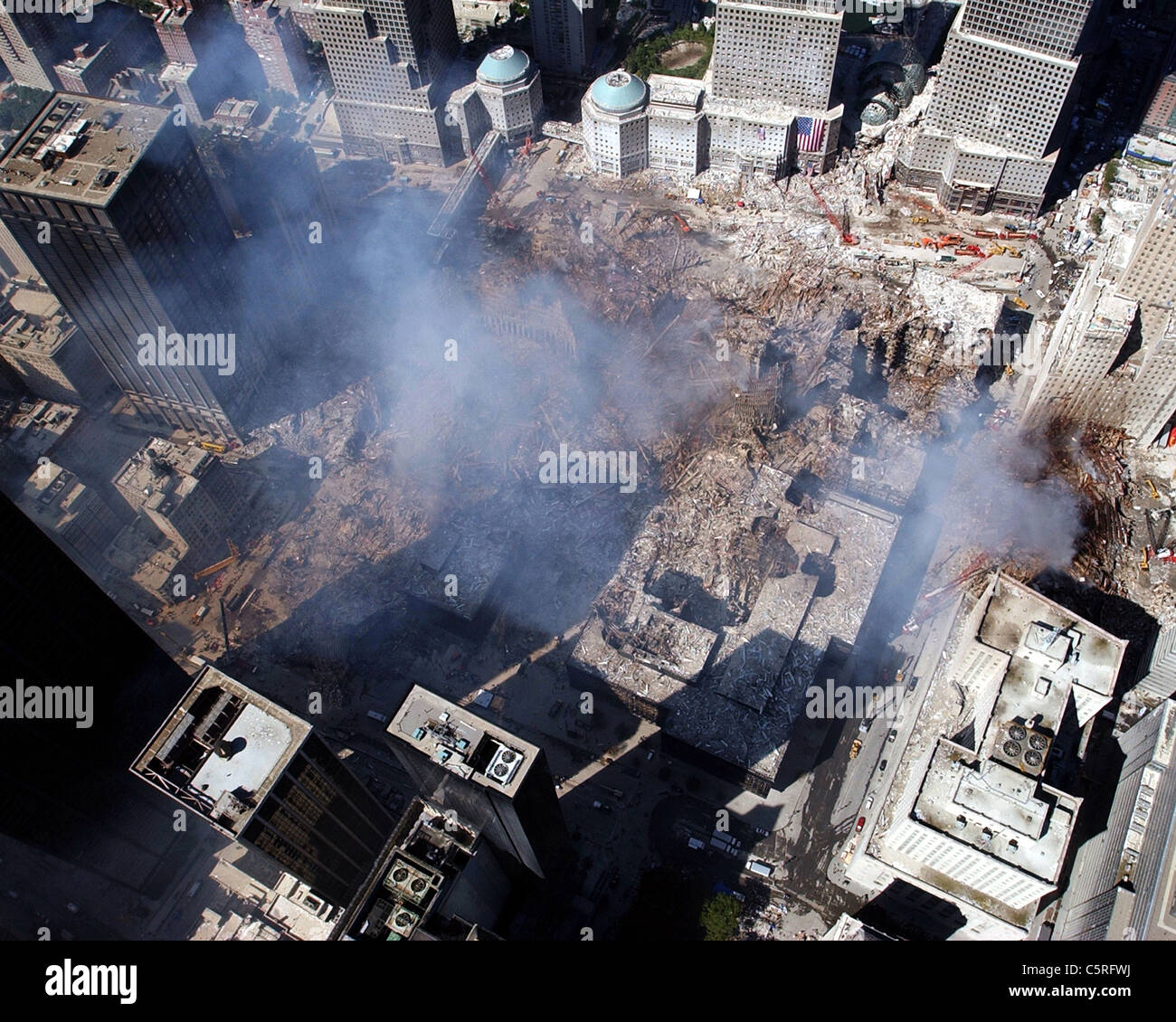 Aerial view of smoking ruins of ground zero, the World Trade Center ...