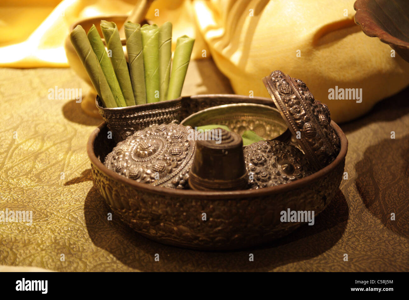 Thai style silver betel box set Stock Photo - Alamy