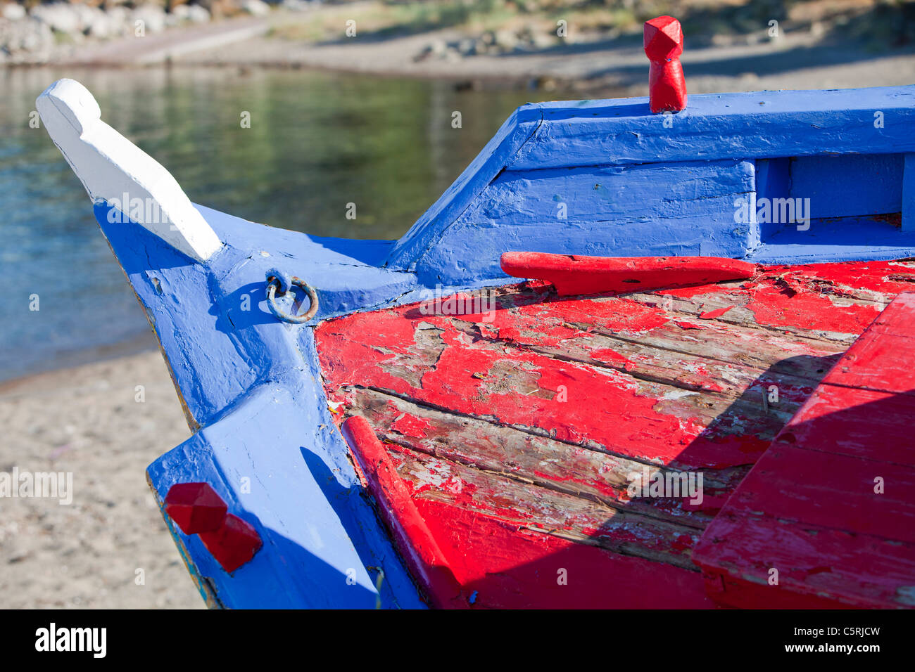 An old traditional Greek fishing boat on the beach at Skala Eresou ...