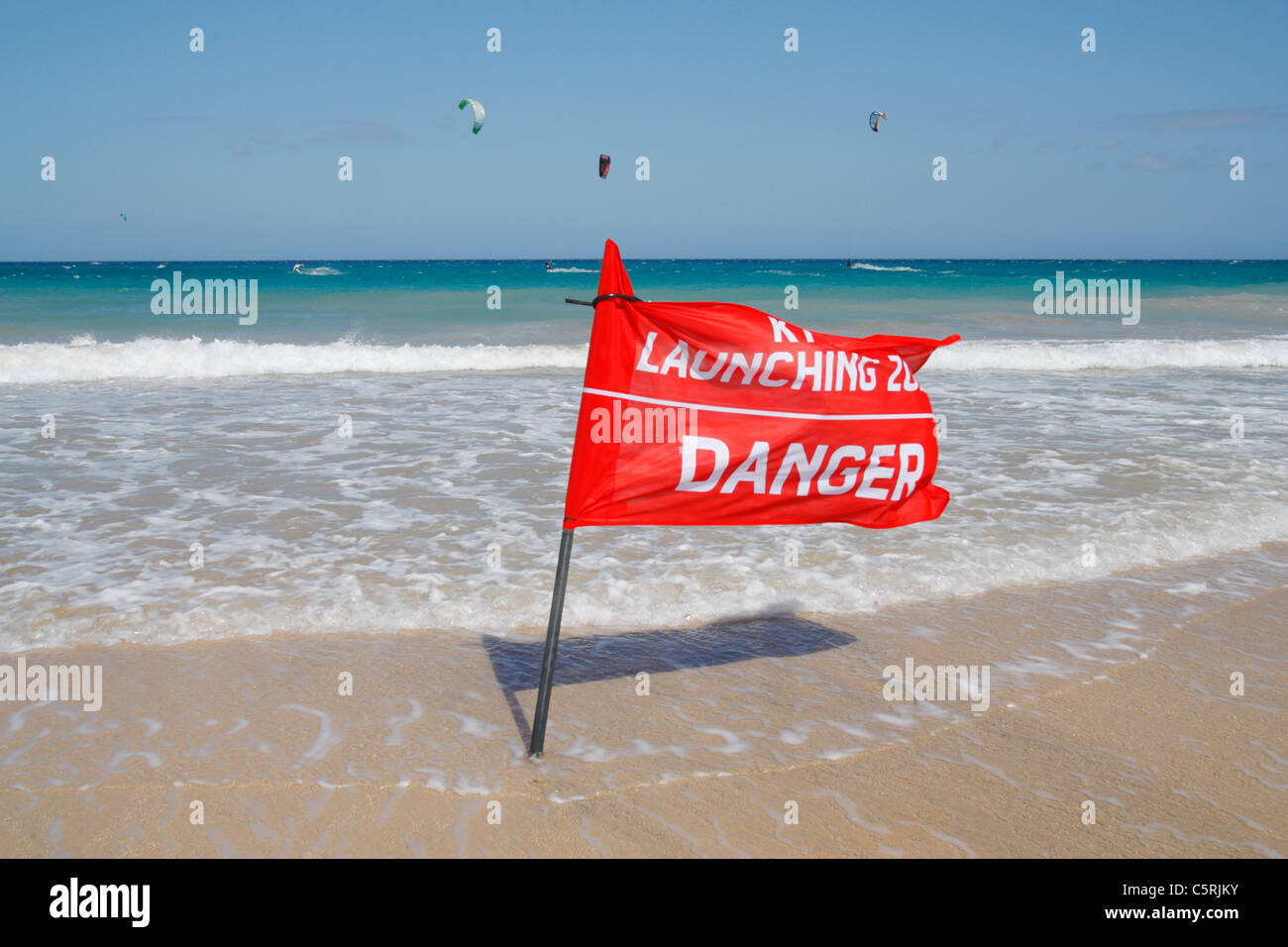 Kite launching zone danger flag on Sotavento beach, Fuerteventura ...