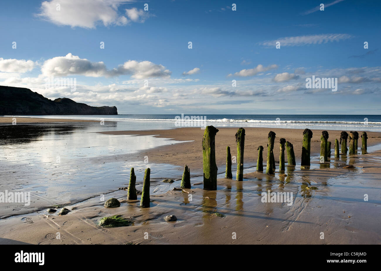 Groynes on the beach at Sandsend near Whitby Stock Photo - Alamy