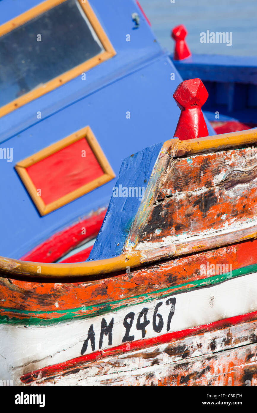 An old traditional Greek fishing boat on the beach at Skala Eresou ...