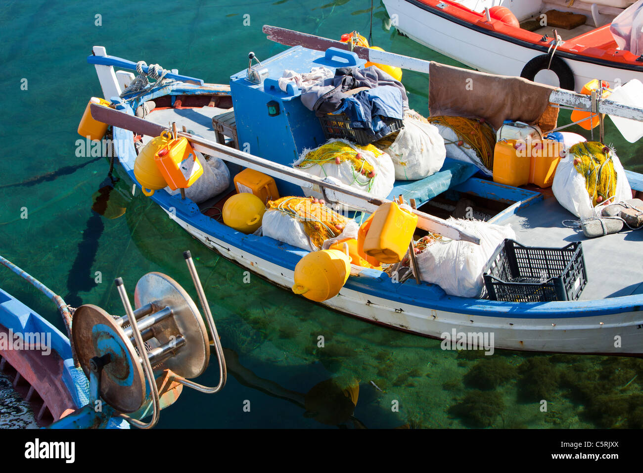 Traditional Greek fishing boats at Skala Eresou, Lesbos, Greece Stock ...
