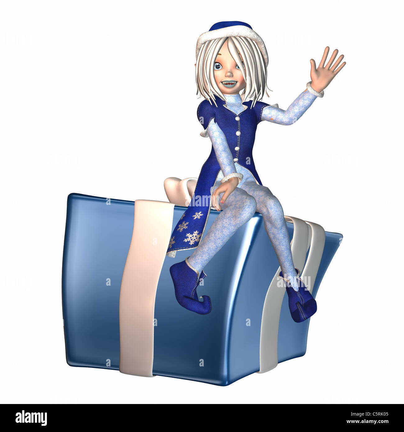 Female Christmas Elf sitting on a wrapped present Stock Photo - Alamy