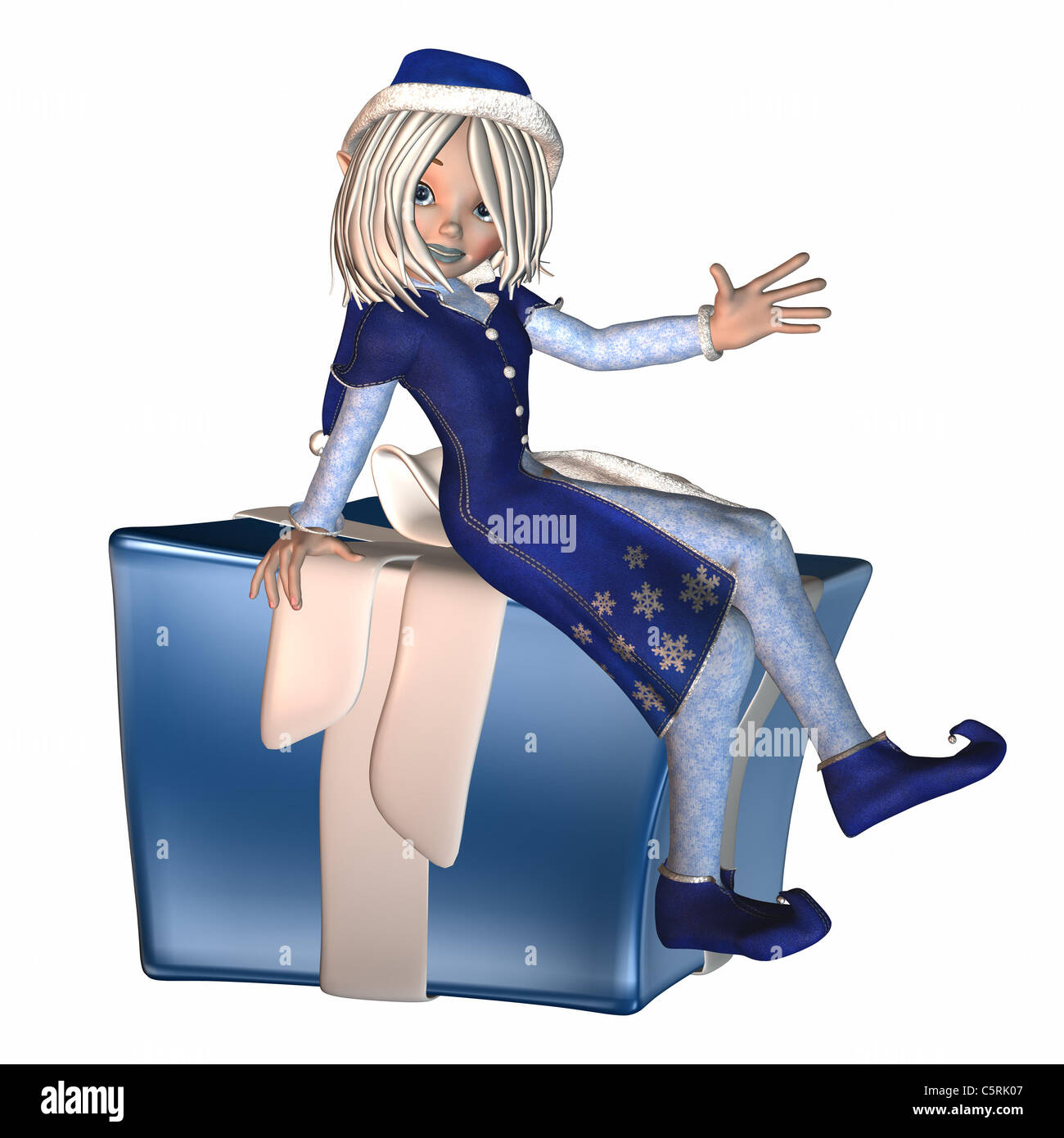 Female Christmas Elf sitting on a wrapped present Stock Photo - Alamy