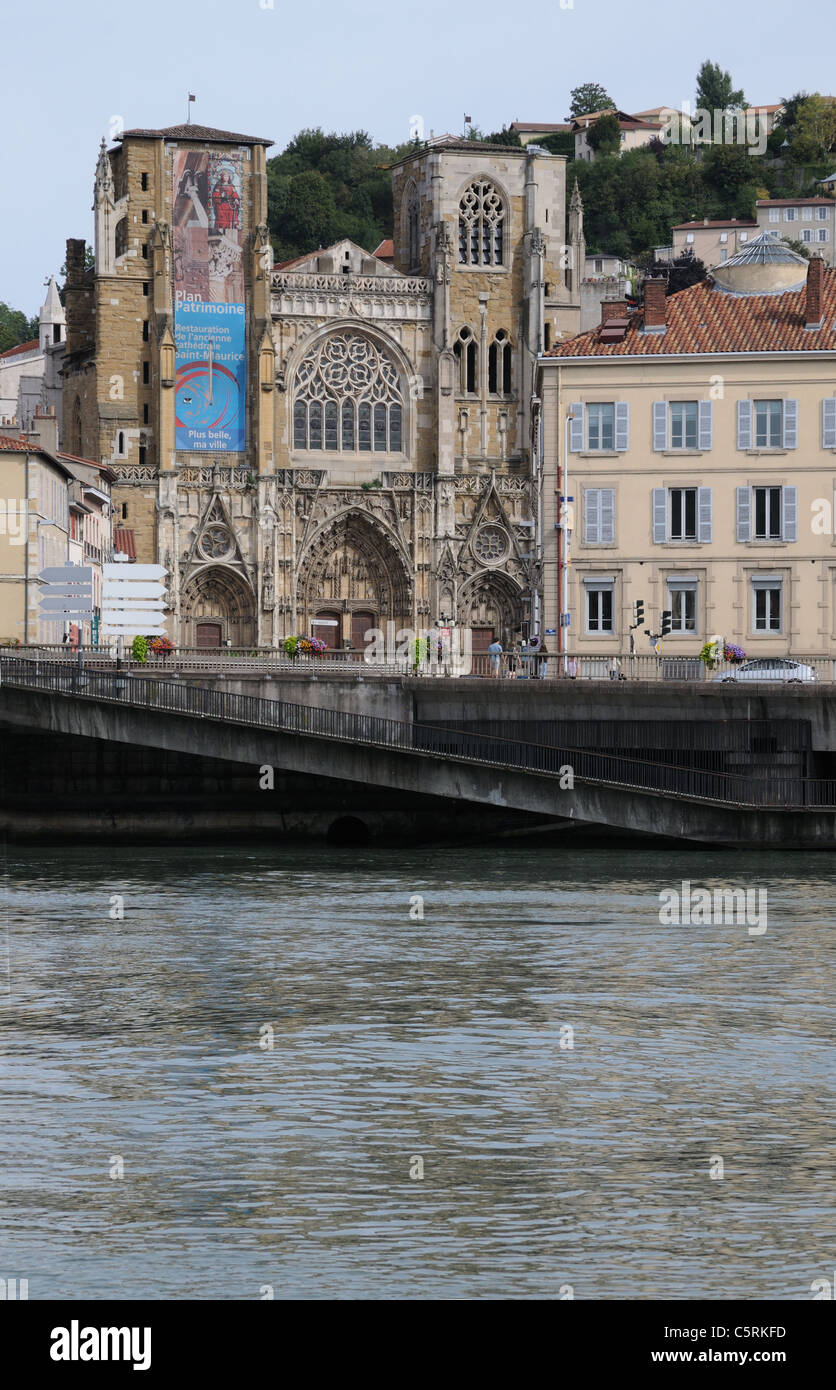 River Rhone at Vienne France with Cathedral Cathedrale St Maurice ...