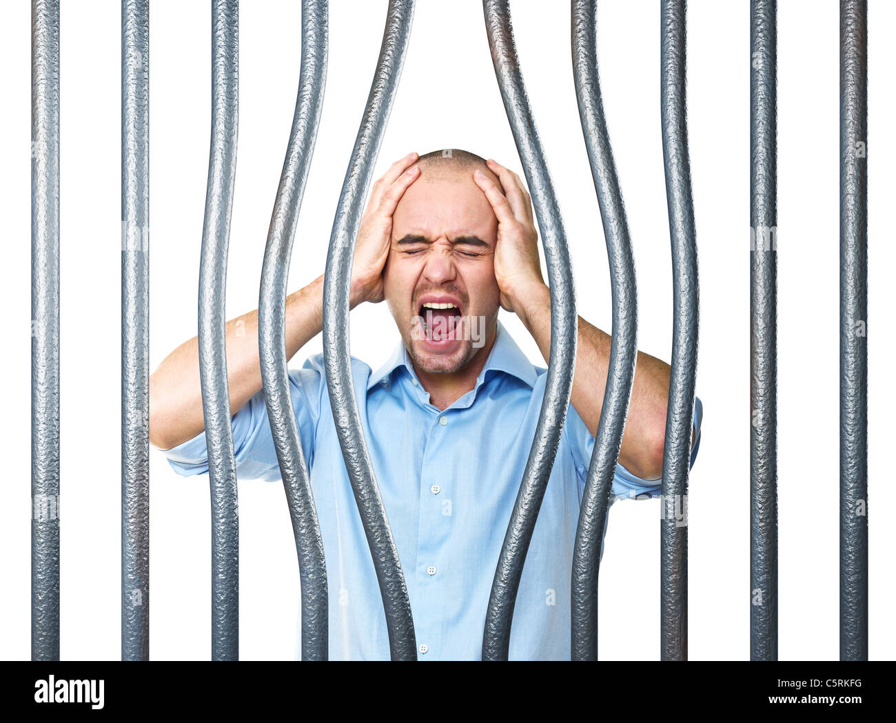 desperate stressed man and 3d bended bar Stock Photo - Alamy