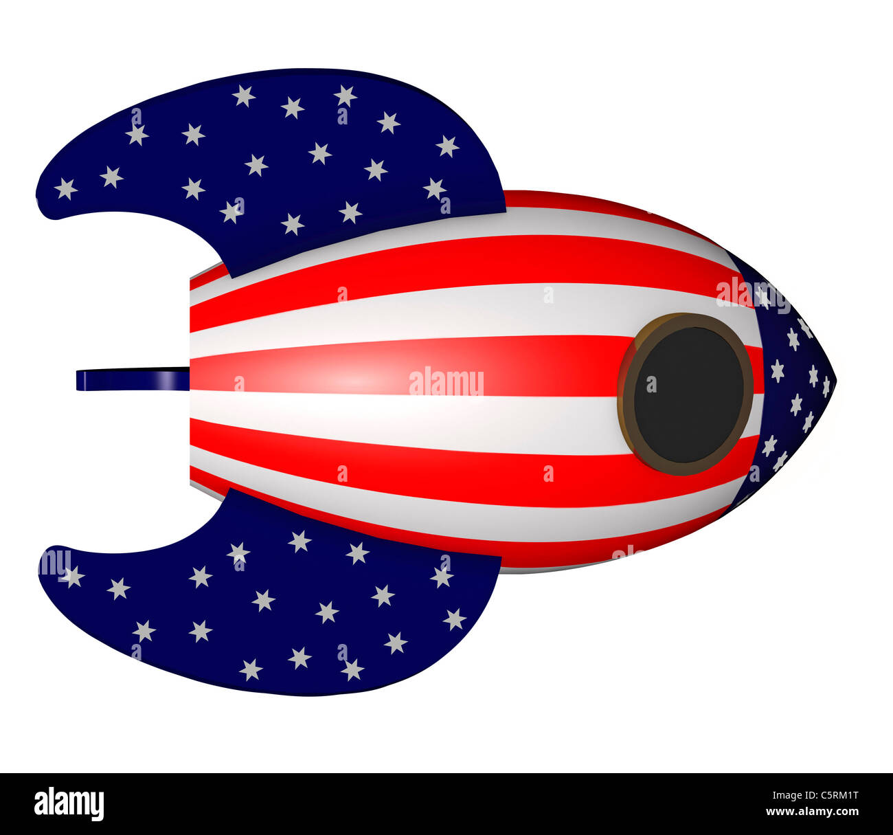 Cartoon of an old fashioned styled rocket ship painted with a stars and ...