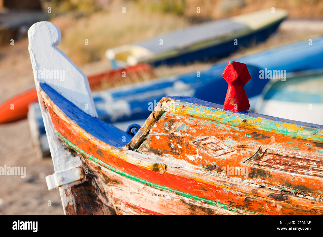 An old traditional Greek fishing boat at Skala Eresou, Lesbos, Greece ...