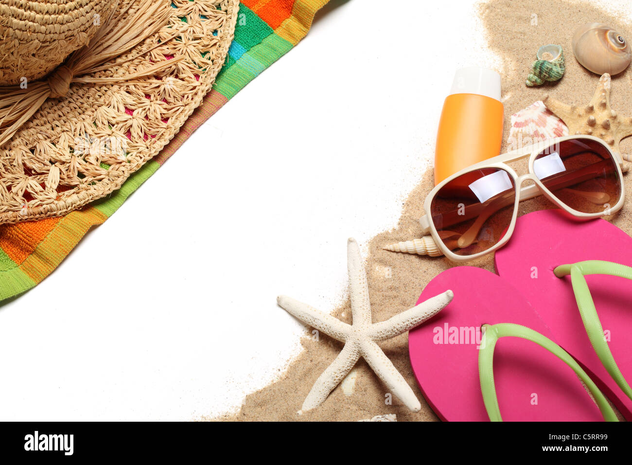 Beach items on white background.Copy space for your text Stock Photo ...