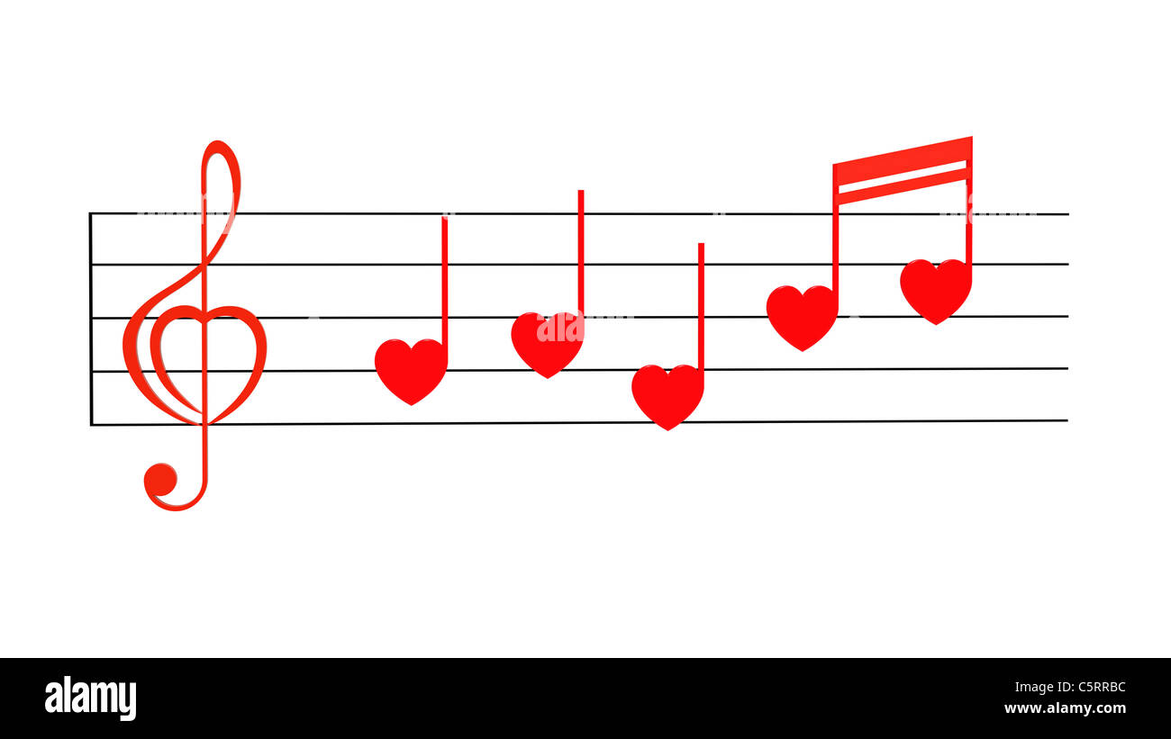 Red treble clef with notes stylized for Valentines isolated on white ...