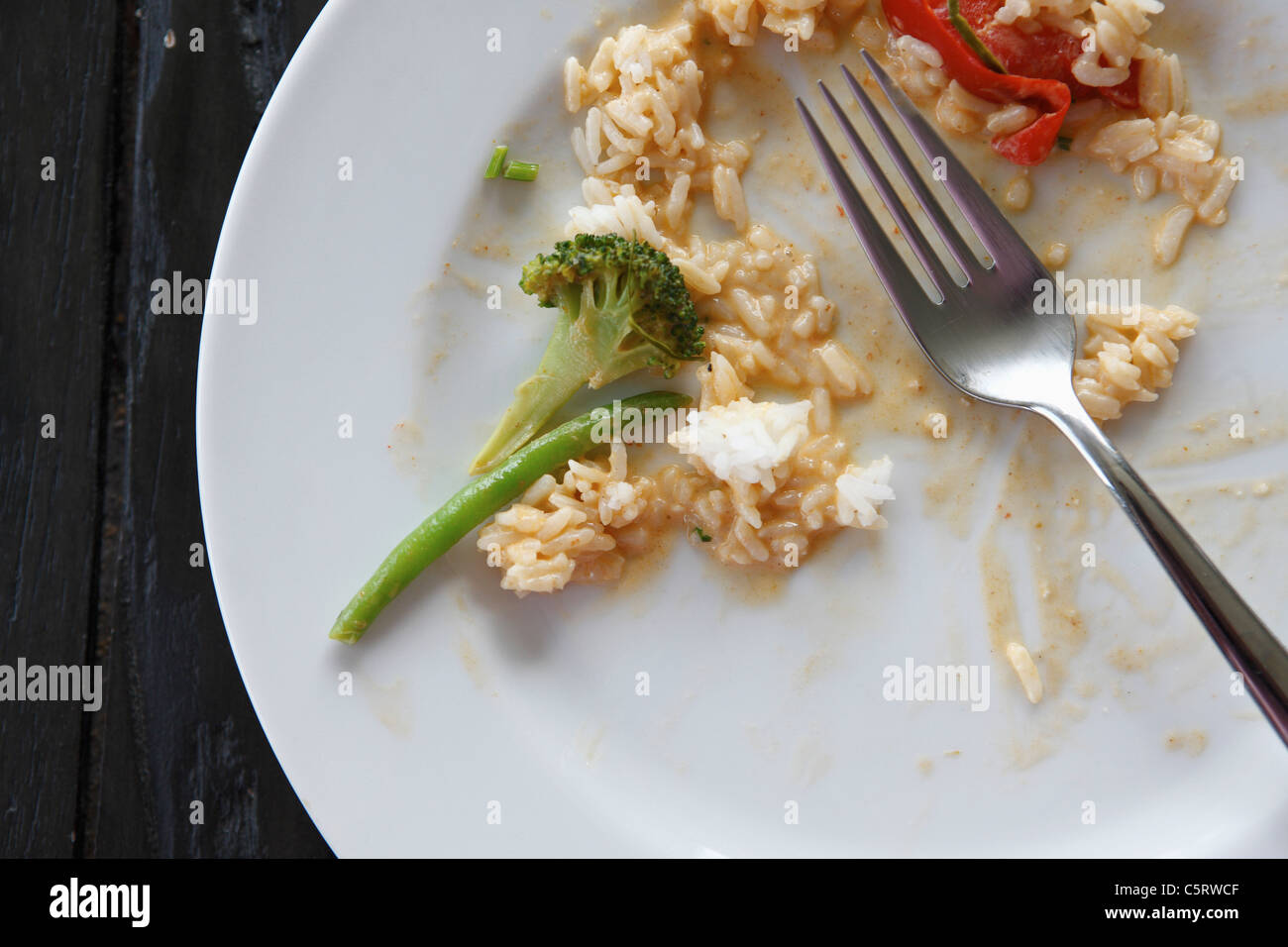 Close up of left over meal in plate with fork Stock Photo - Alamy