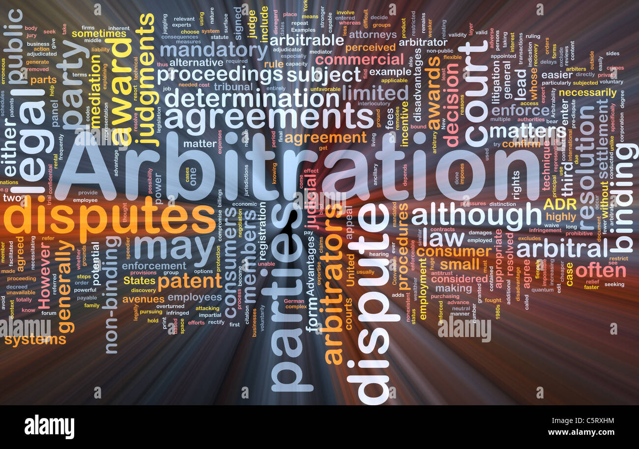 Background concept wordcloud illustration of arbitration glowing light ...