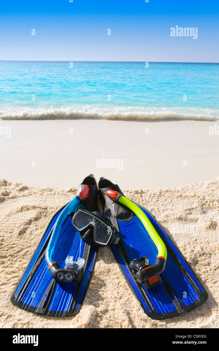 Accessory for Snorkeling -mask, flippers, tube-lay on sand on ...