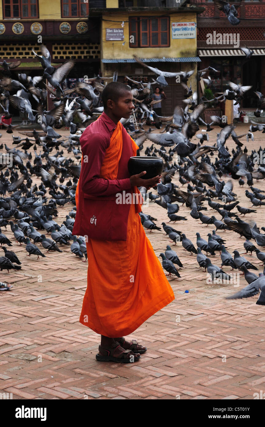 Nepal, Bagmati, Boudhanath, Monk begging for alms, flock of birds in ...