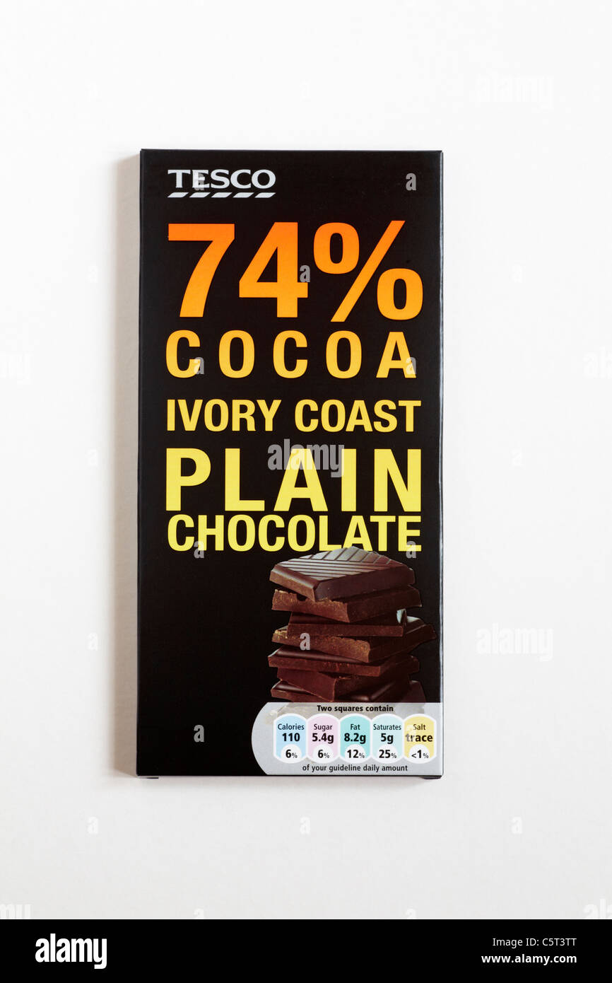 Bar of Tesco 74% cocoa Ivory Coast Plain chocolate bar isolated on ...