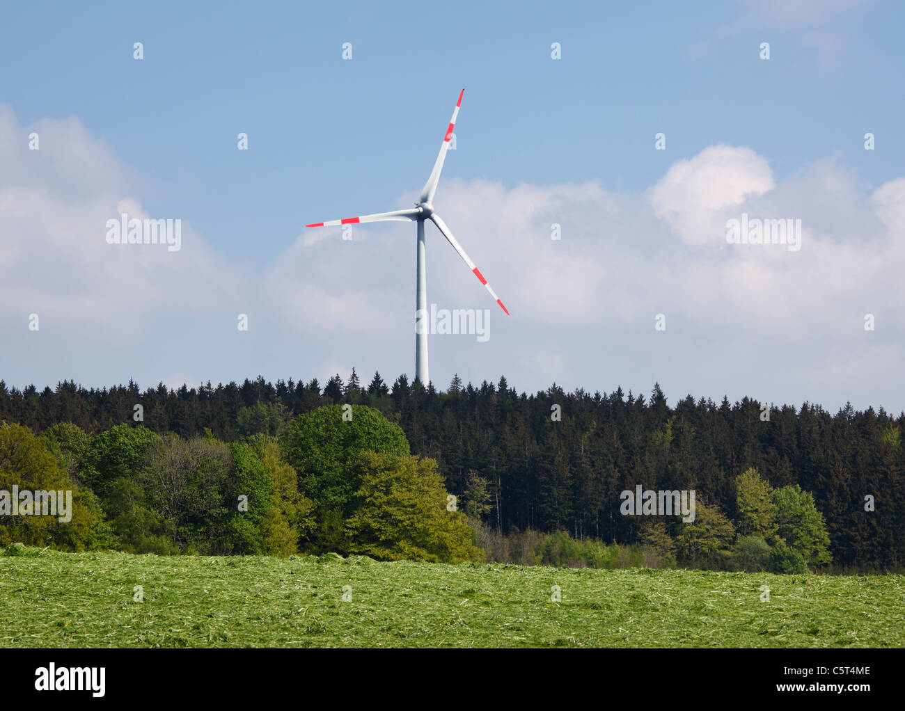 Germany, Bavaria, Swabia, Allgaeu, Kraftisried, View of wind power ...