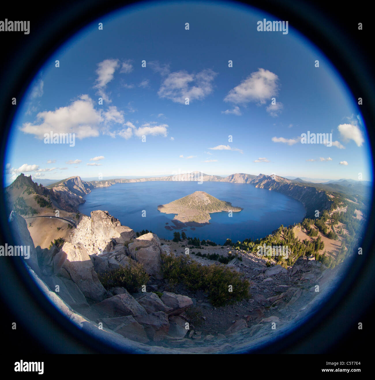 Fisheye image of Crater Lake NP Oregon USA showing the whole lake Stock ...