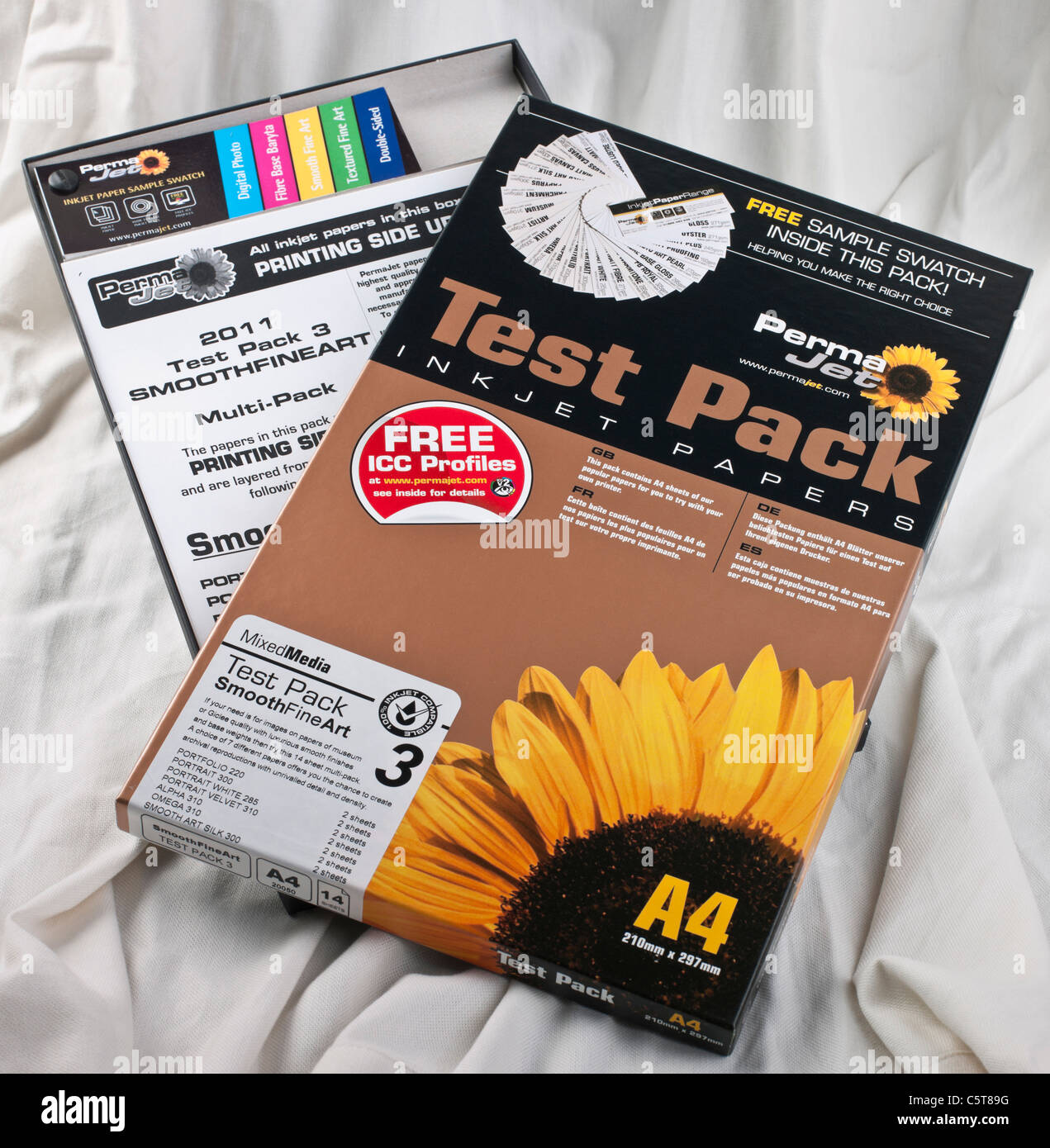 Permajet trial inkjet paper packs, UK, with paper surface swatches ...