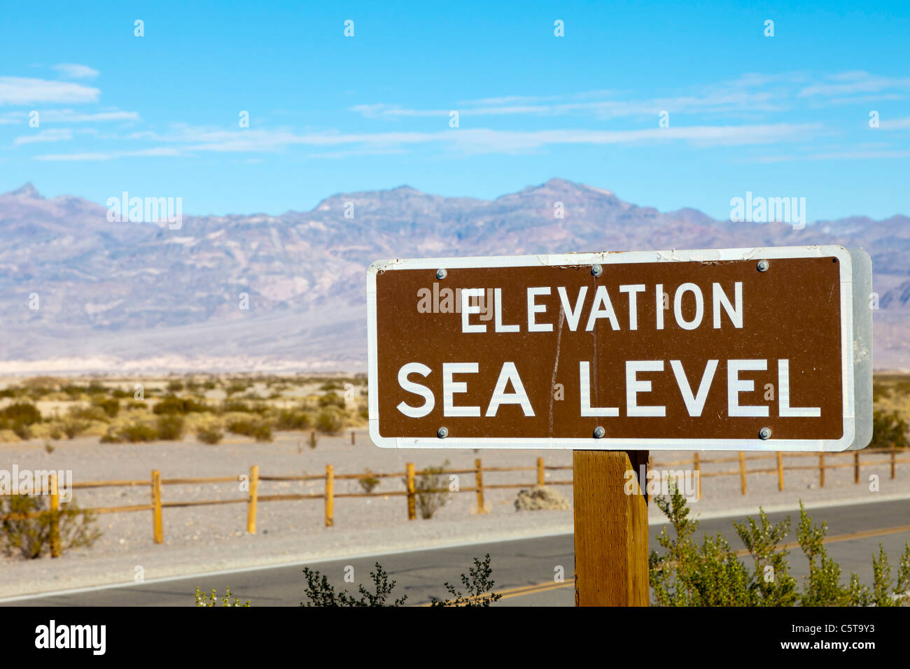 Sign for Elevation Sea Level in the desert of Death Valley USA Stock ...