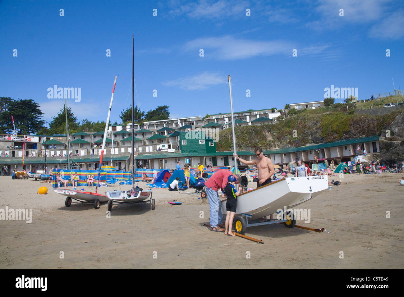 Abersoch Gwynedd North Wales July Holiday makers preparing a yacht on ...