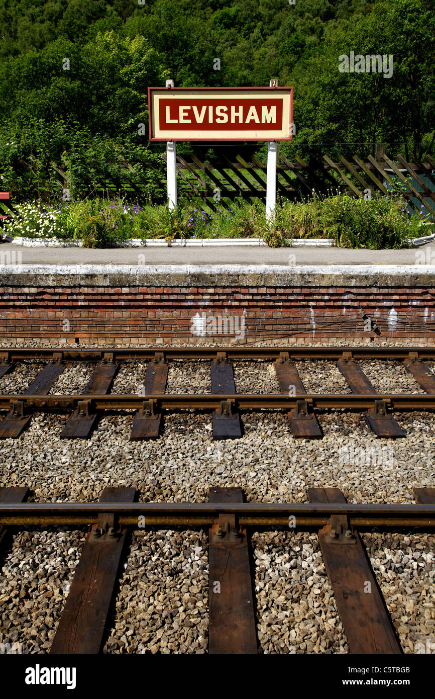 Down platform Running in board at Levisham Railway Station showing the ...