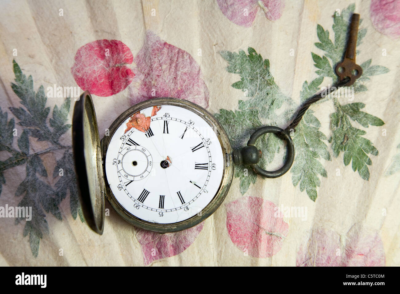 old pocket watch on handmade paper with leaves Stock Photo - Alamy