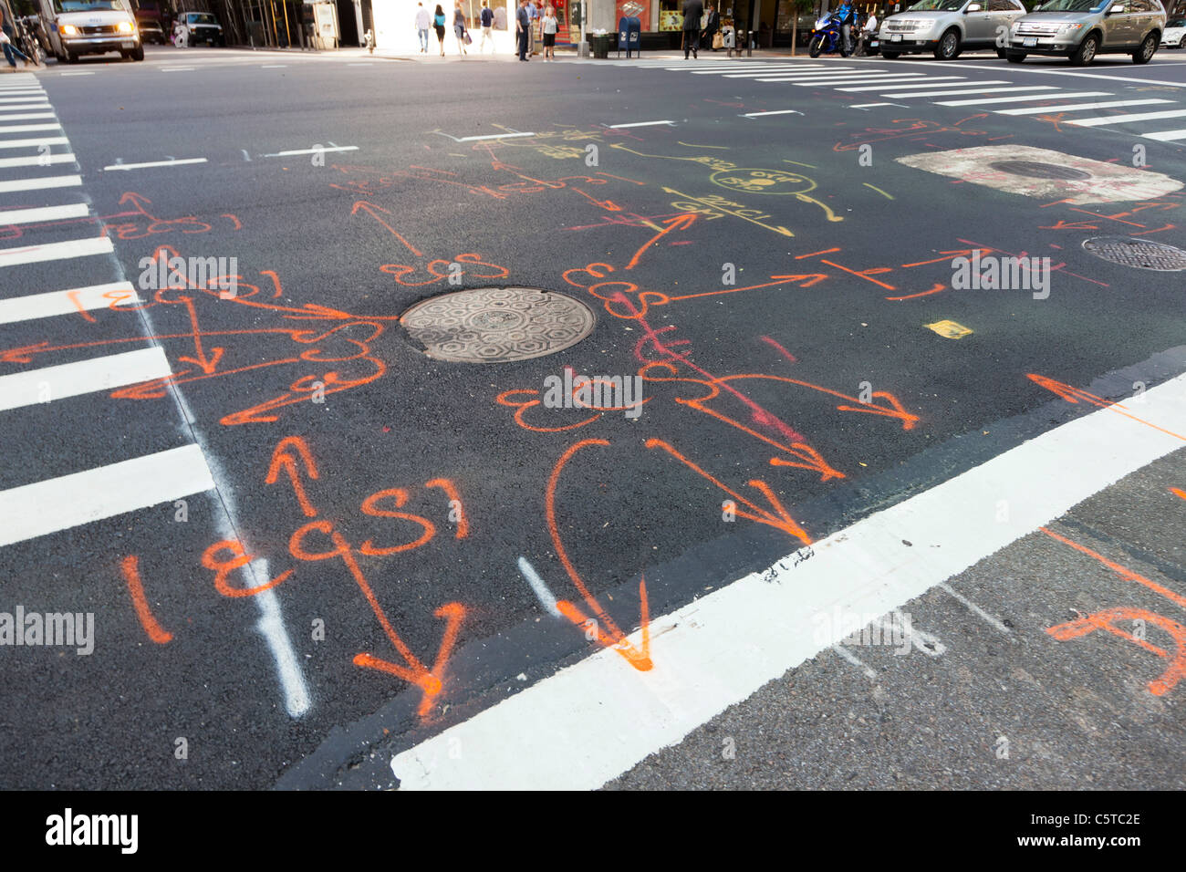 Painted marks on the road in New York City USA Stock Photo - Alamy