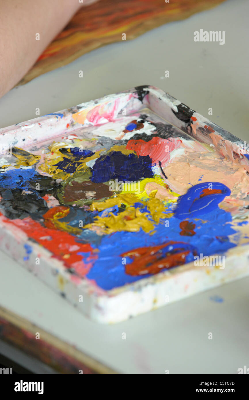 Paint palette - school art room Stock Photo - Alamy