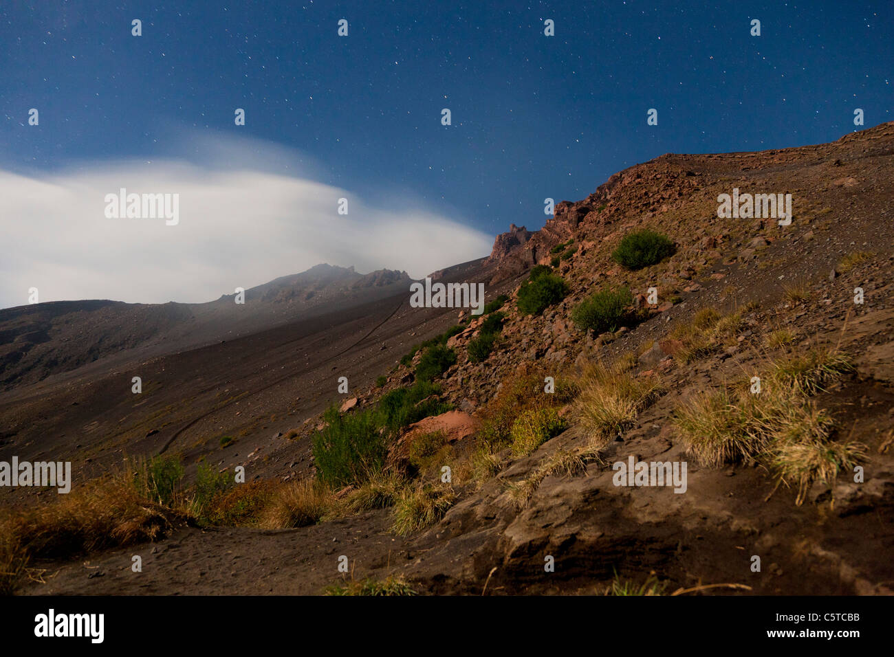 Night view of the trail to the top of Stromboli volcano Italy Stock ...