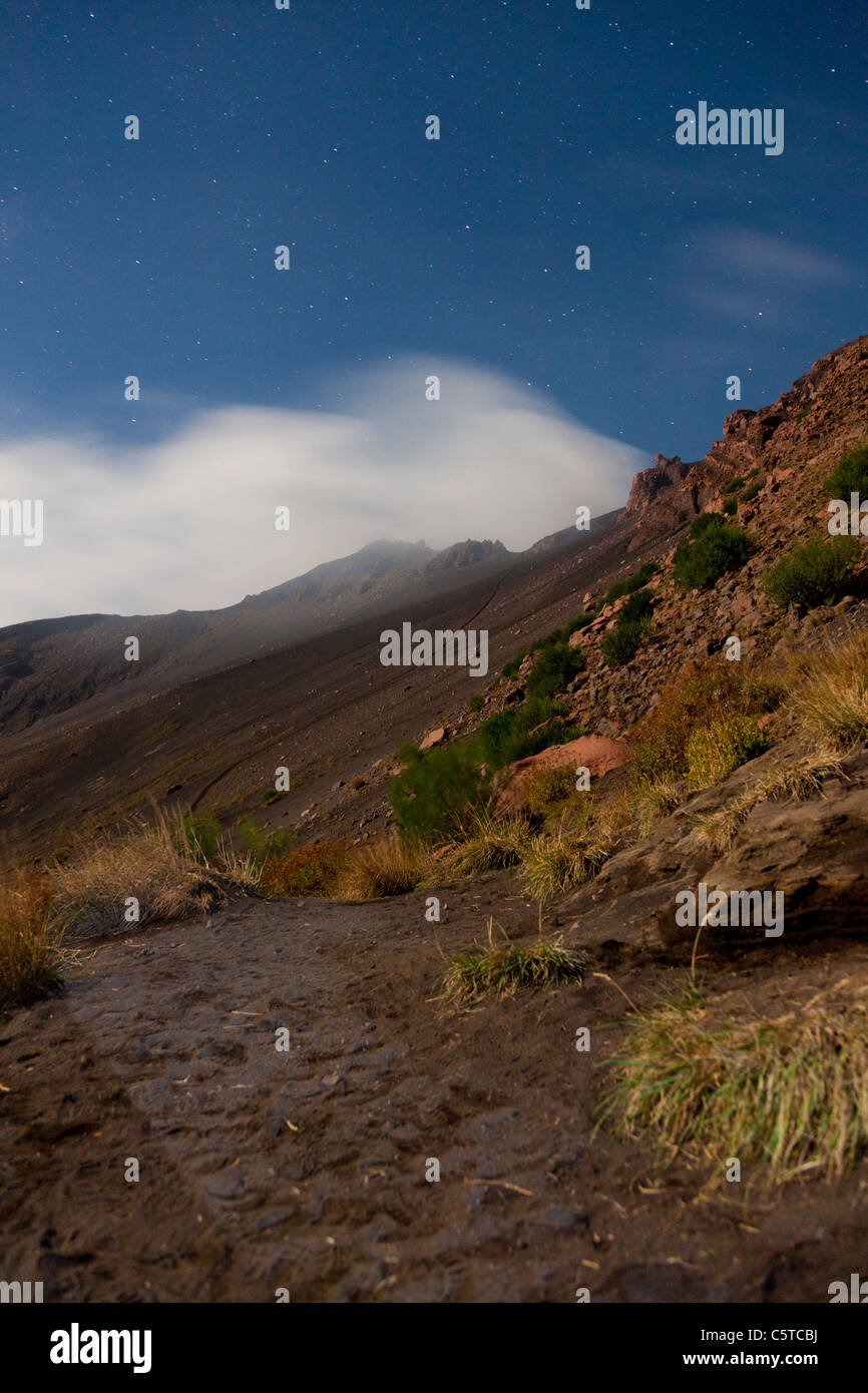 Night view of the trail to the top of Stromboli volcano Italy Stock ...