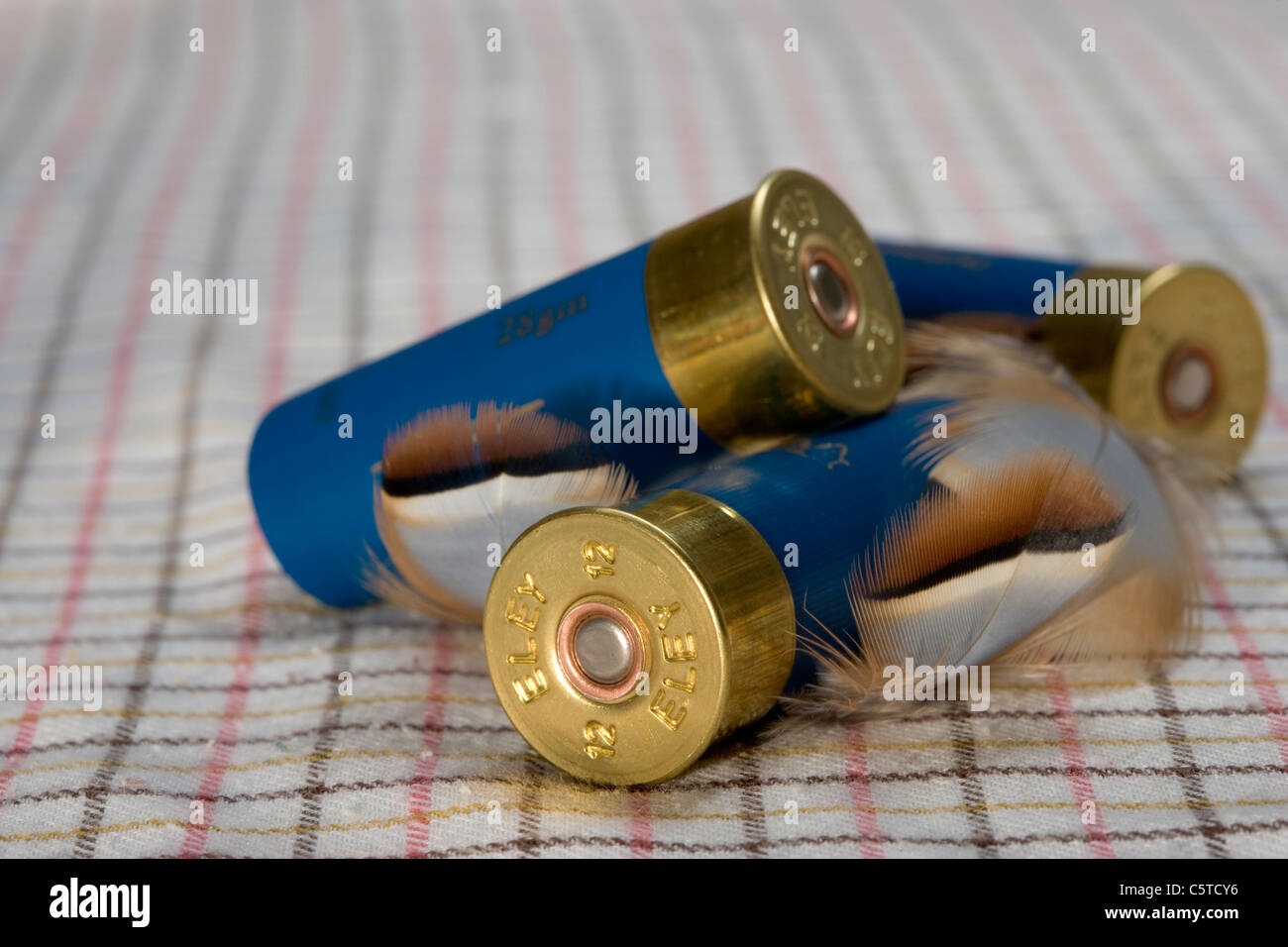 12 bore shotgun cartridges and Partridge feathers still life Stock ...