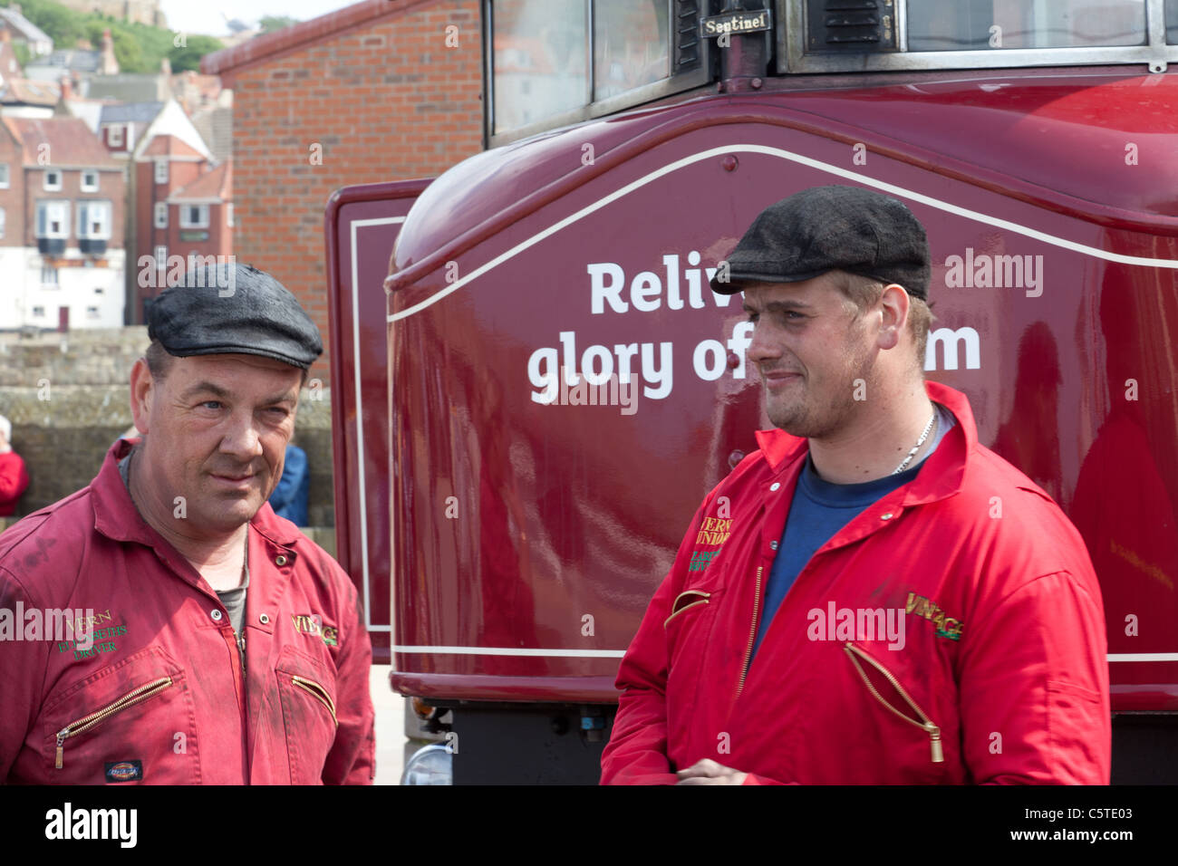 The operators of Elizabeth, a steam bus,in Whitby, North Yorkshire ...