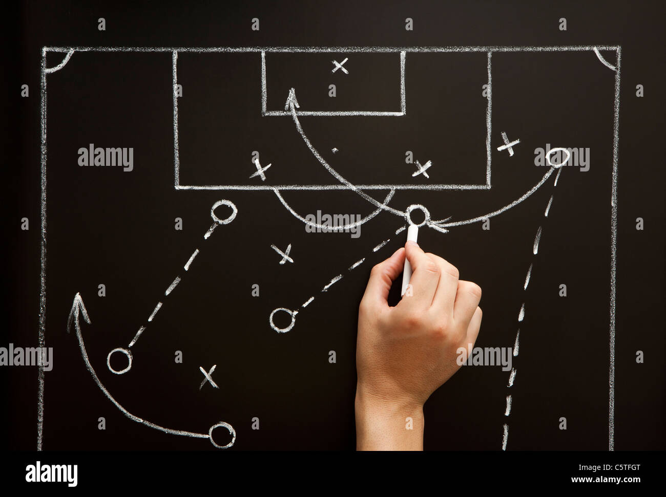 Man drawing a soccer game strategy with white chalk on a blackboard ...