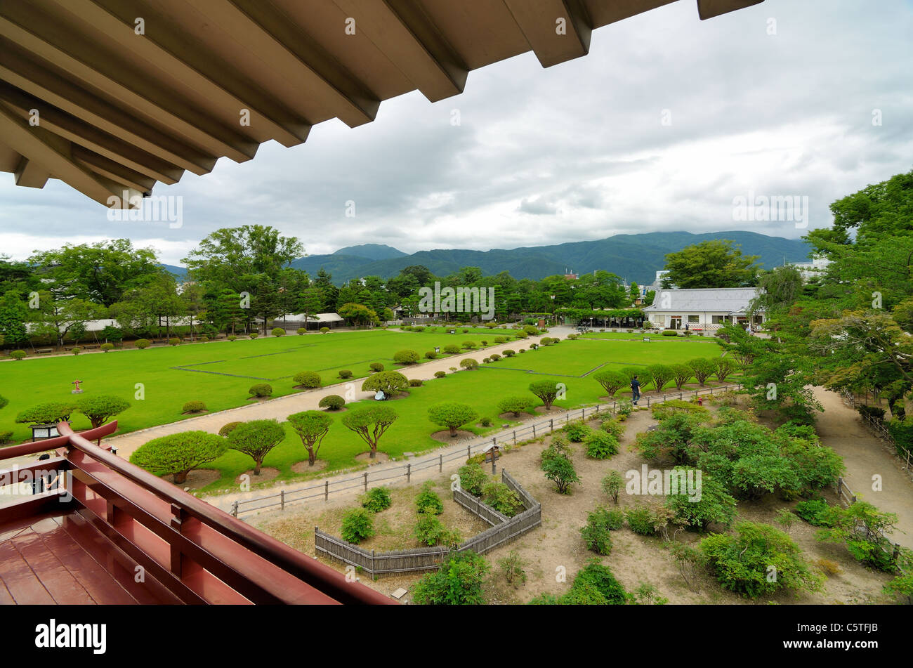 Matsumoto castle grounds viewed from an upper-level veranda in Nagano ...