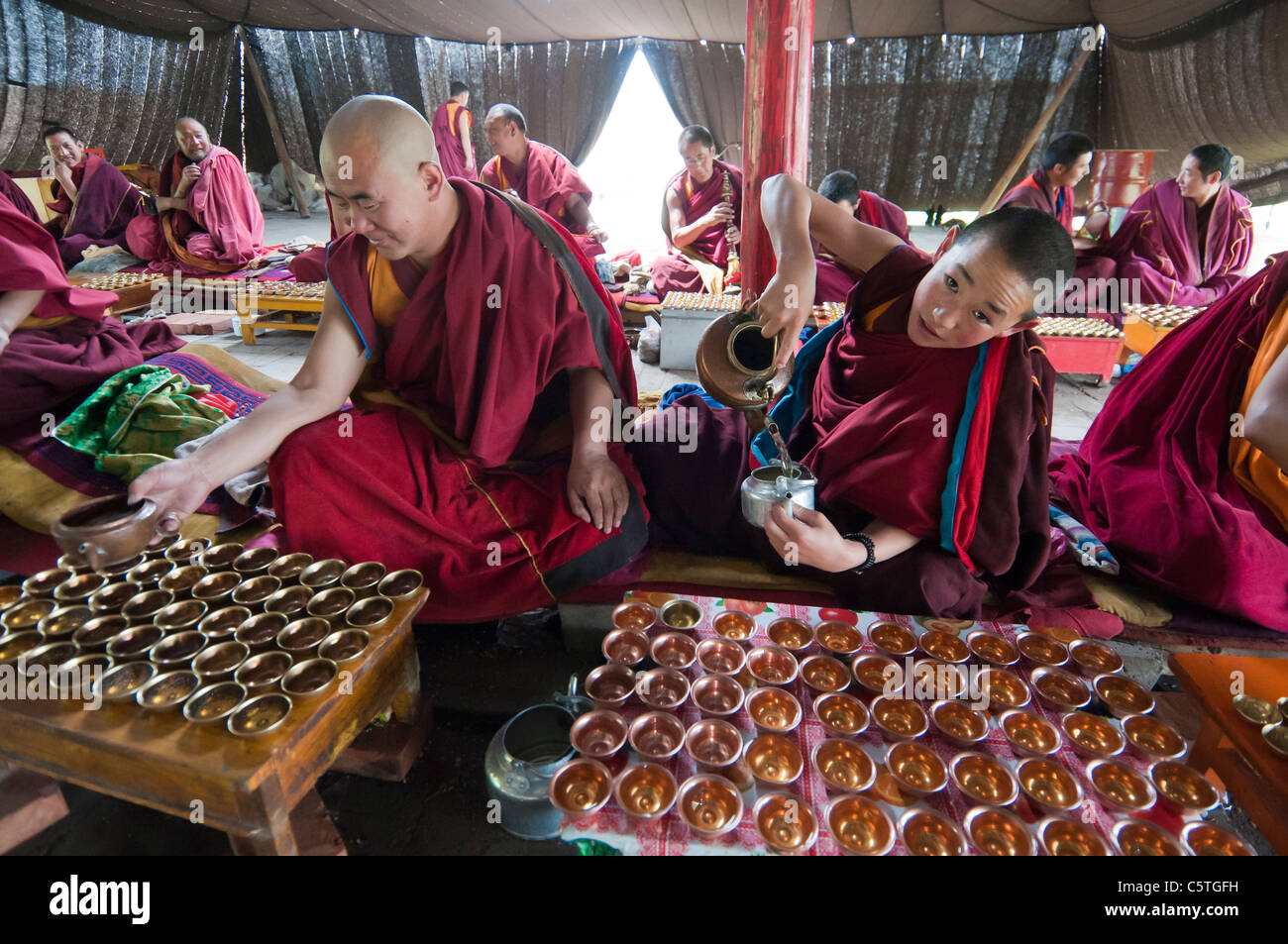 Boy Buddhist monk performs tea ceremony in summer time horse hair tent ...