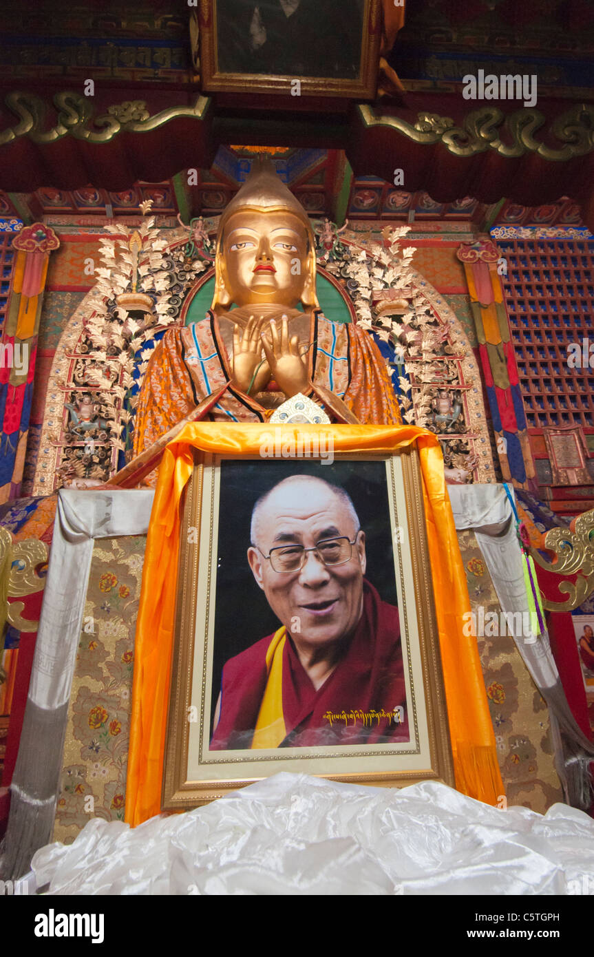 Photograph of the Dali Lama on altar inside Longwu Monastery, Tongren ...