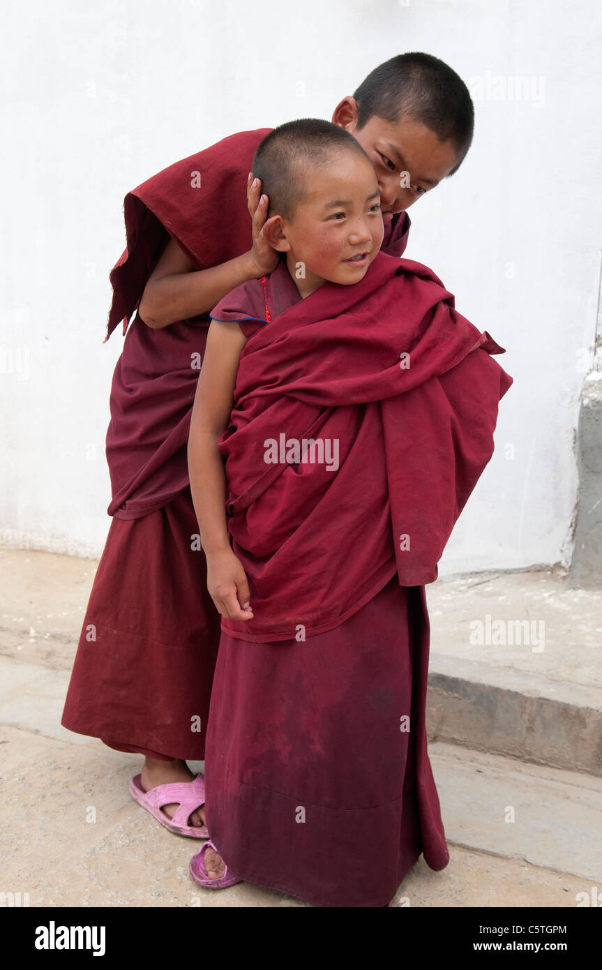 Young boy Buddhist monks share a secret, Longwu Monastery, Tongren ...
