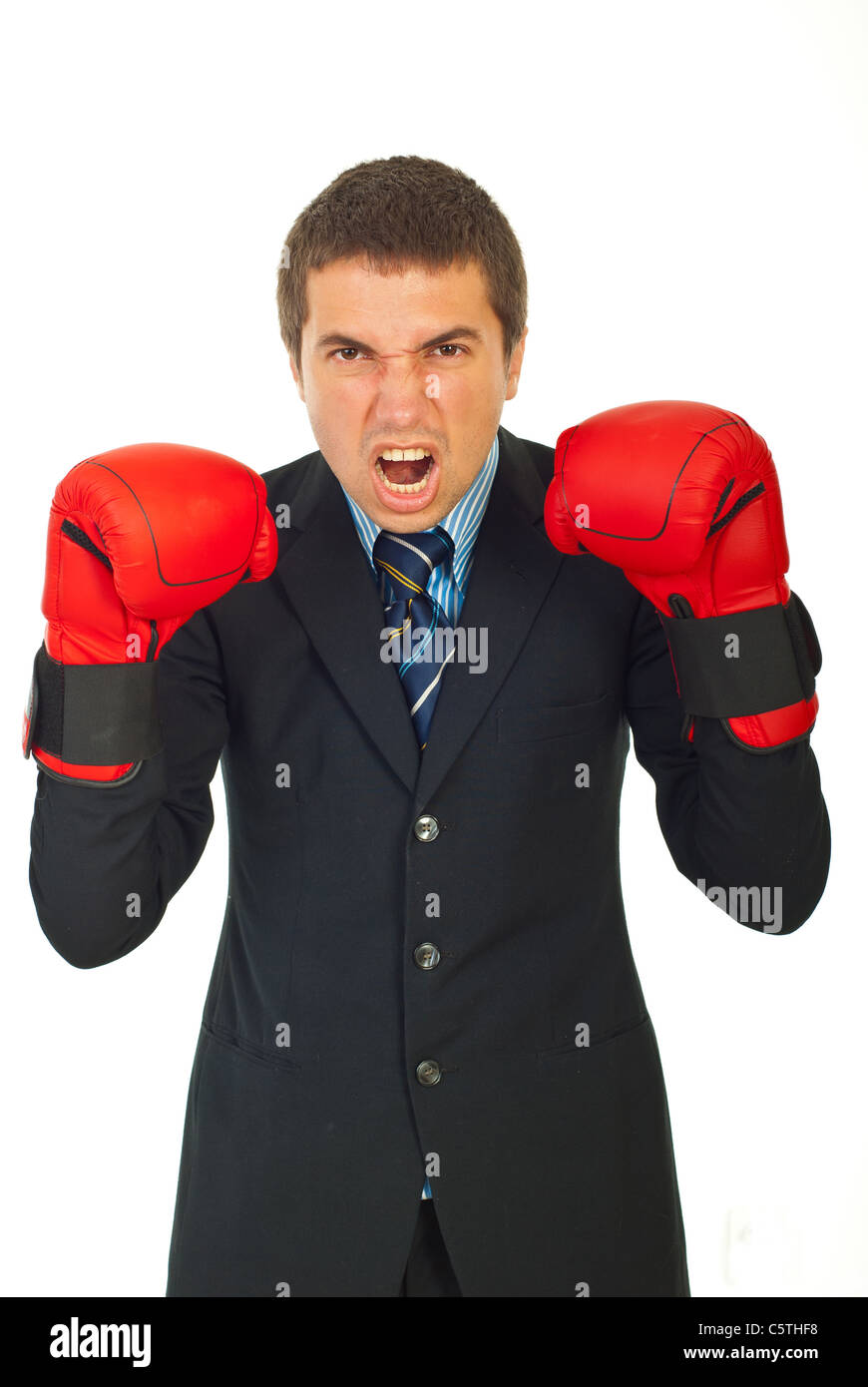 Mad business man with boxing gloves shouting against white background ...