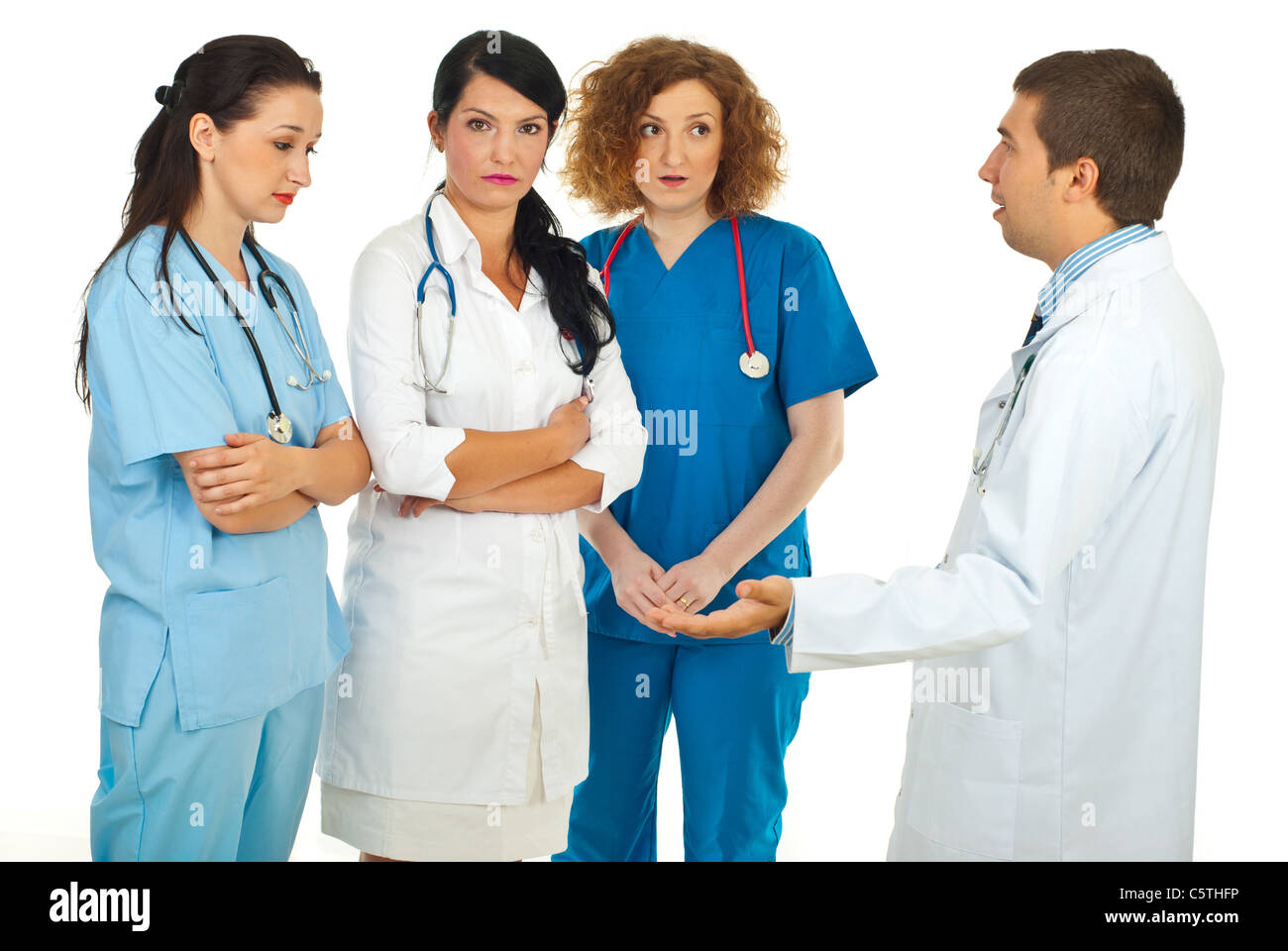 Hospital manager arguing or fired doctors against white background ...