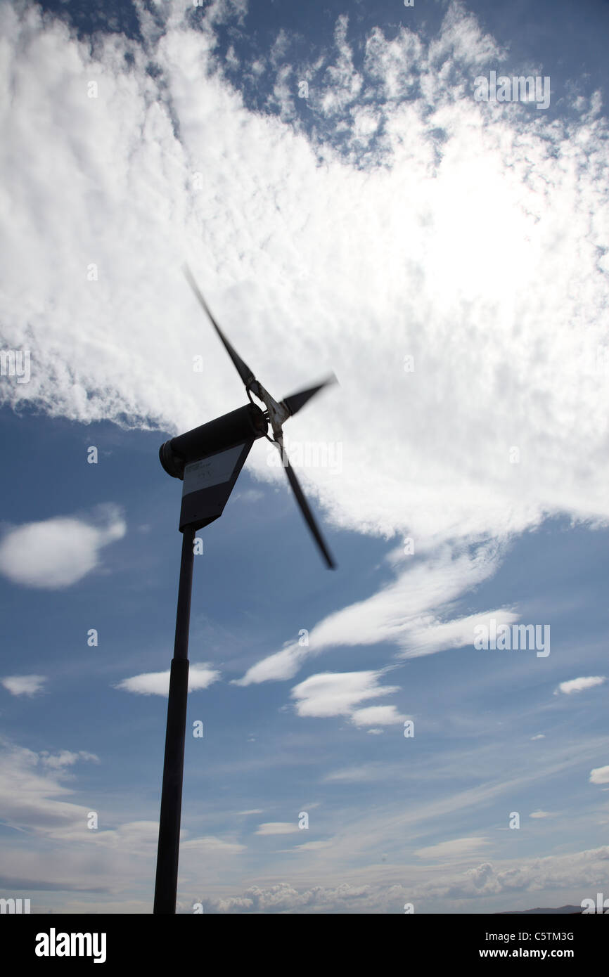 small commercial wind turbine seen at ferry terminal at Berneray, North ...