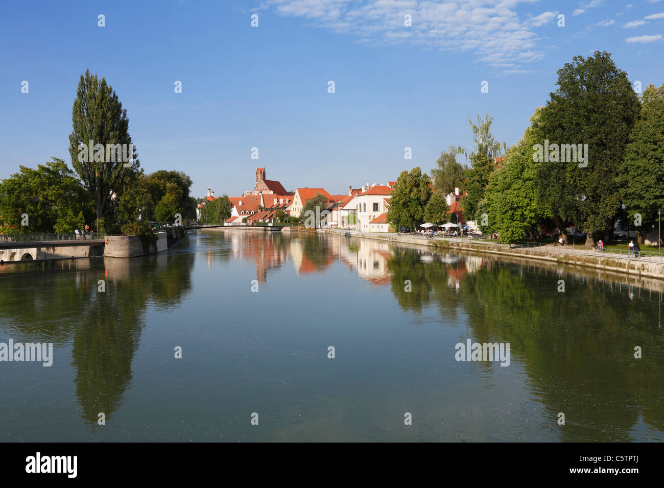Germany, Lower Bavaria, Landshut, View of isar river with buildings ...