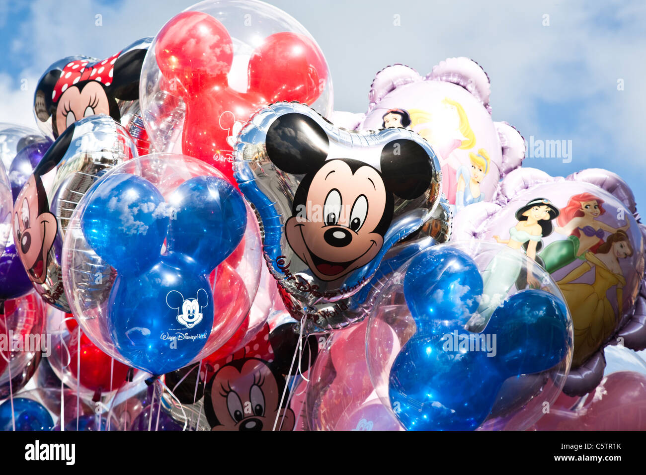 A bunch of Walt Disney themed helium balloons floating together ...