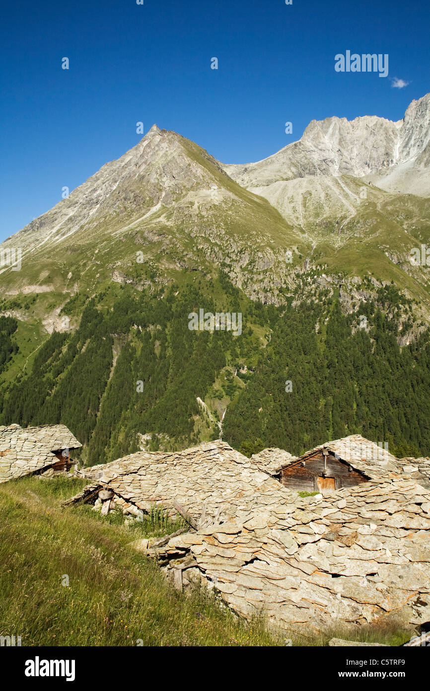 Switzerland, Wallis Alps, Val d'Herens, Mountain pasture, Alpine huts ...